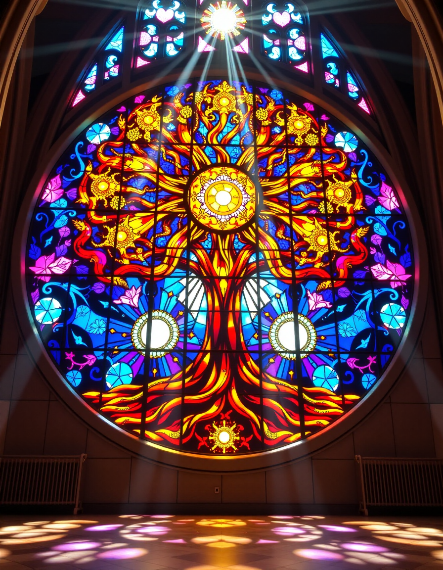 FLUX prompt: Massive, circular stained glass window in a ...