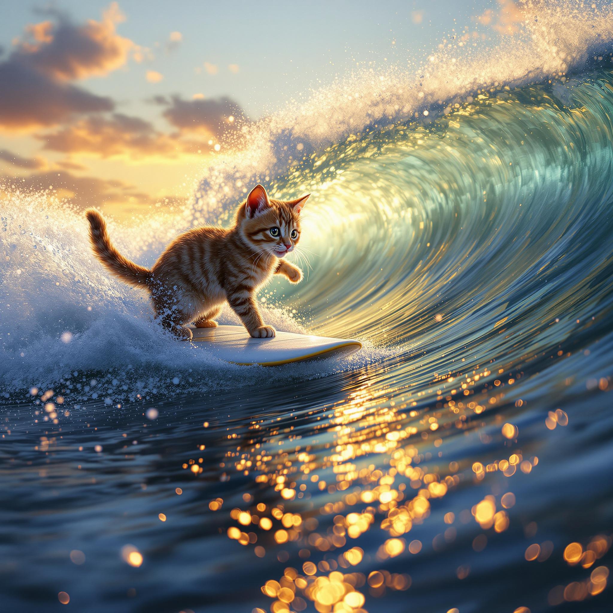 FLUX prompt: photorealistic 32k, baby cat surfing a wave,...