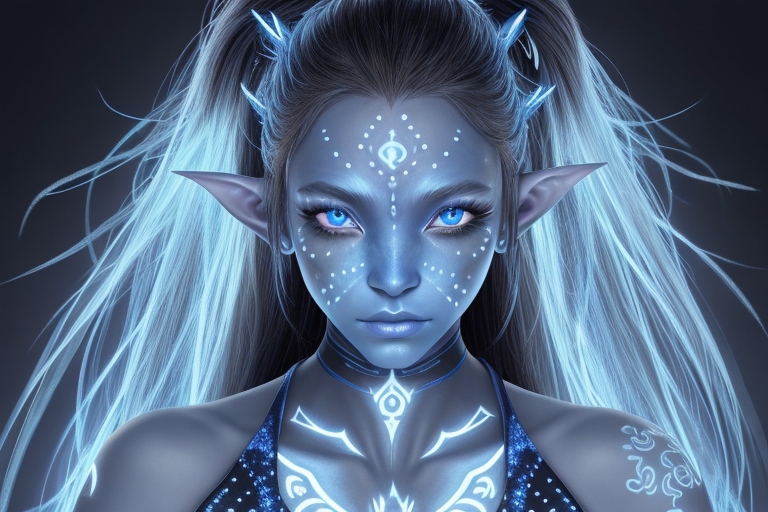 Stable Diffusion prompt: blue humanoid avatar with biolum...