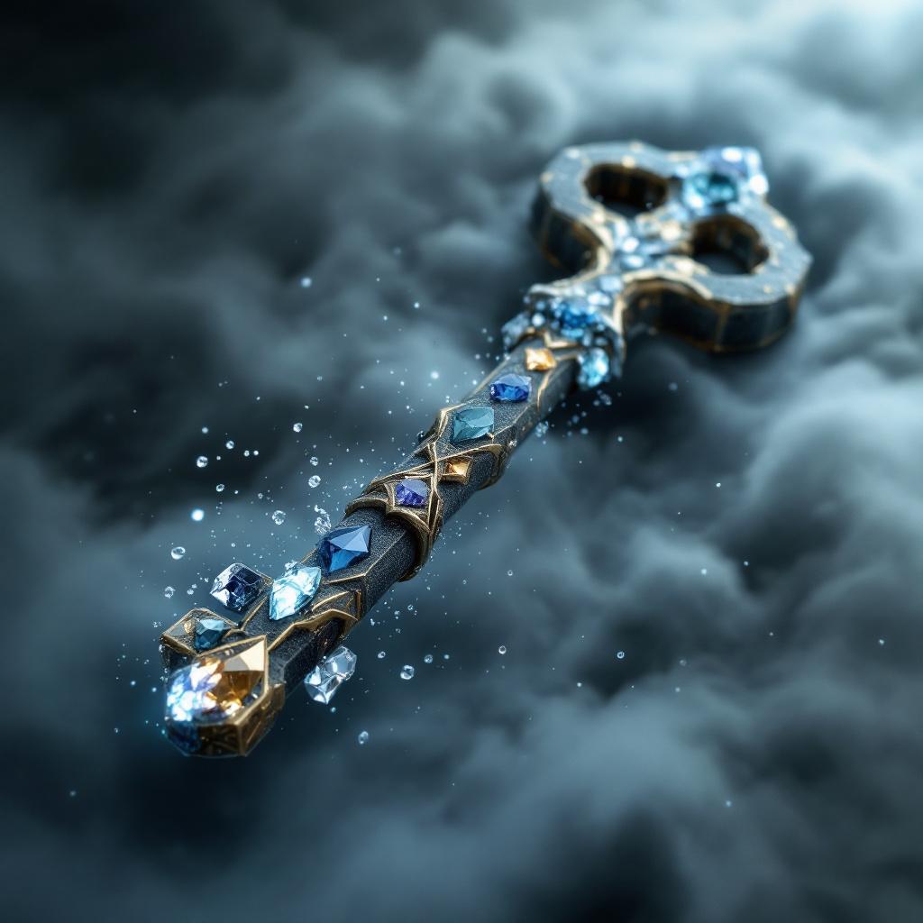 FLUX prompt: Create a key made of stone with metal and cr...