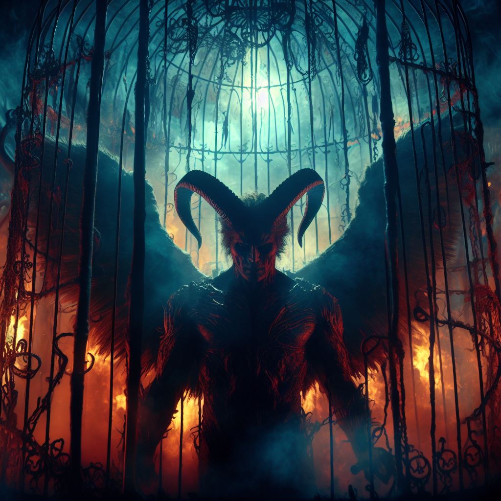 DALL·E prompt: Lucifer in a mystical cage in hell, scary,...