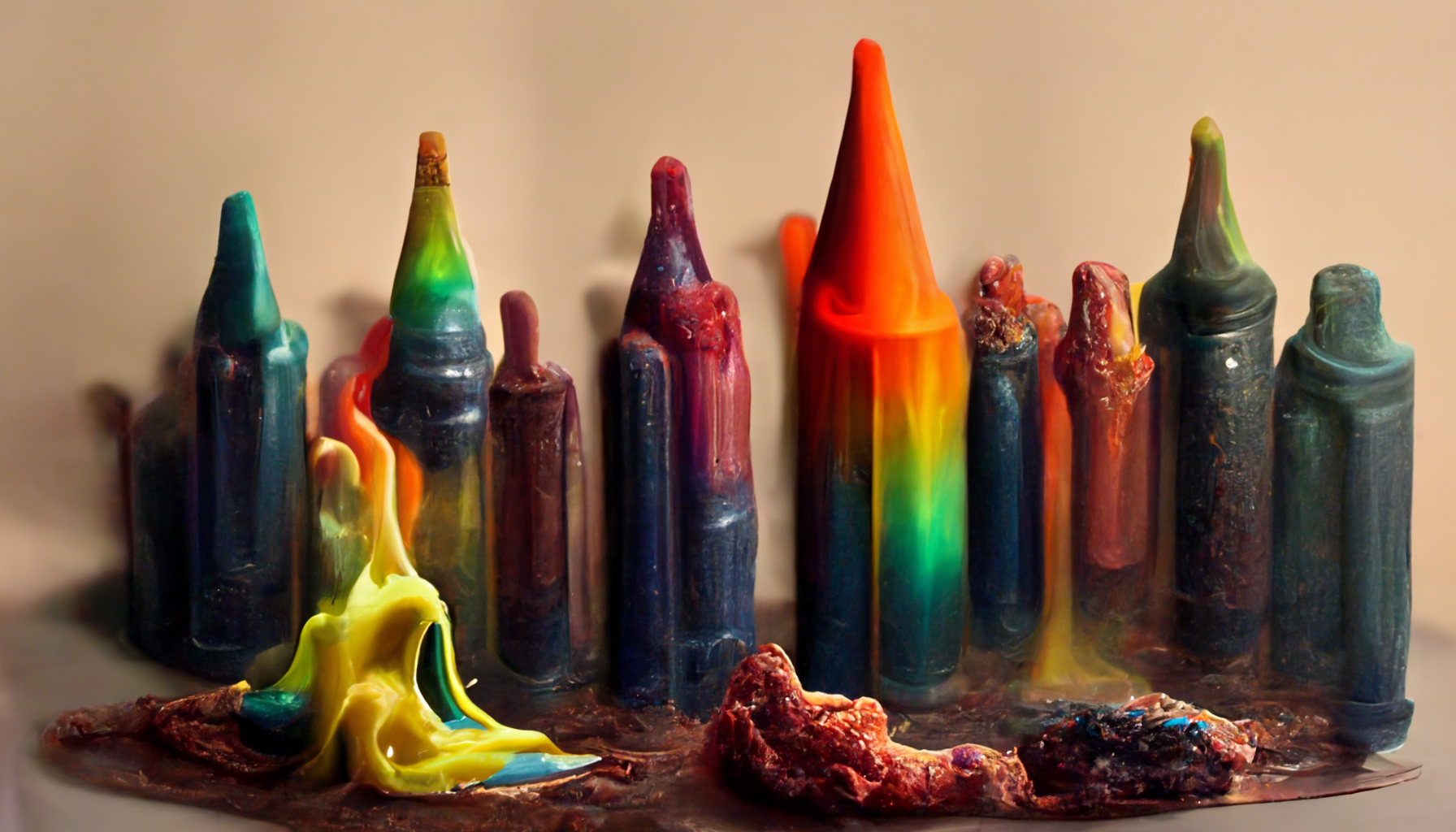 Midjourney prompt: melted color theory ruined crayons, hy...