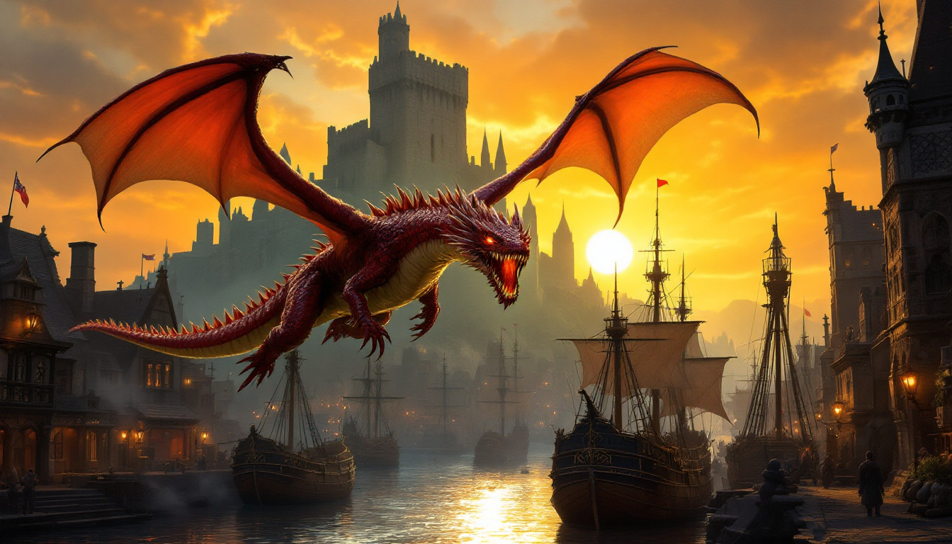 FLUX prompt: a fantasy scene of a dragon soaring over a h...