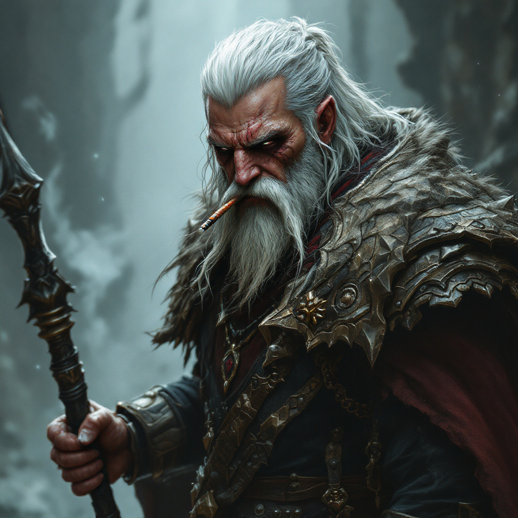 FLUX prompt: Diablo, Barbarian, Bo staff, peaceful, apoca...