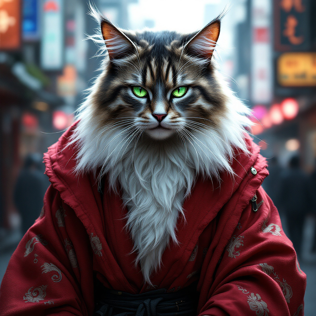 FLUX prompt: a maine coon cat yakuza wearing futuristic s...