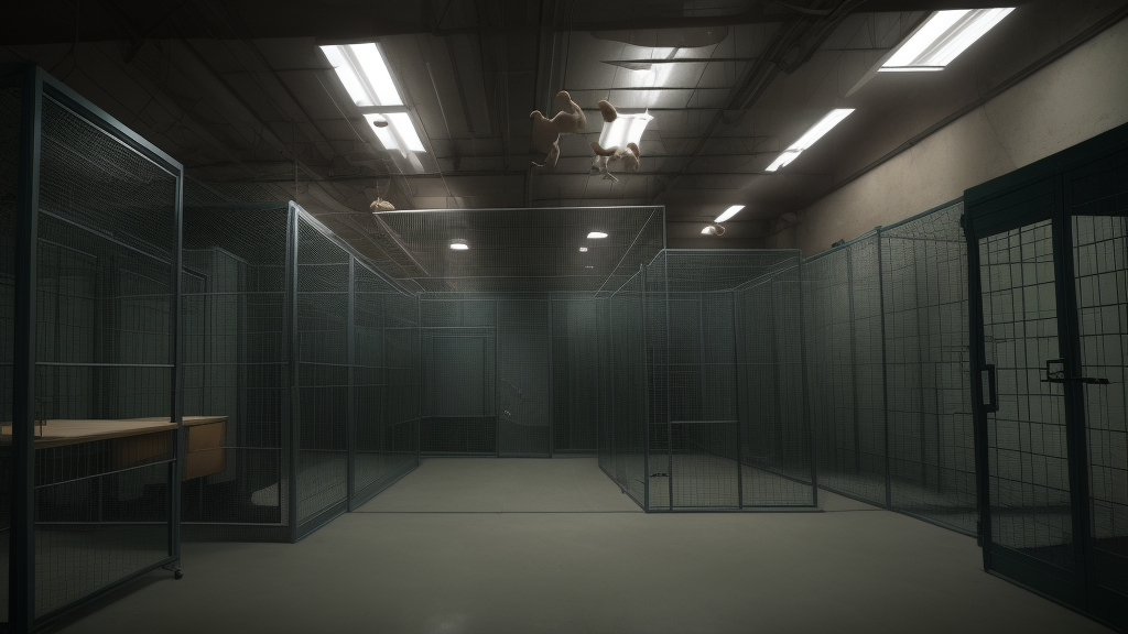 DreamShaper prompt: A secret laboratory with cages with a...