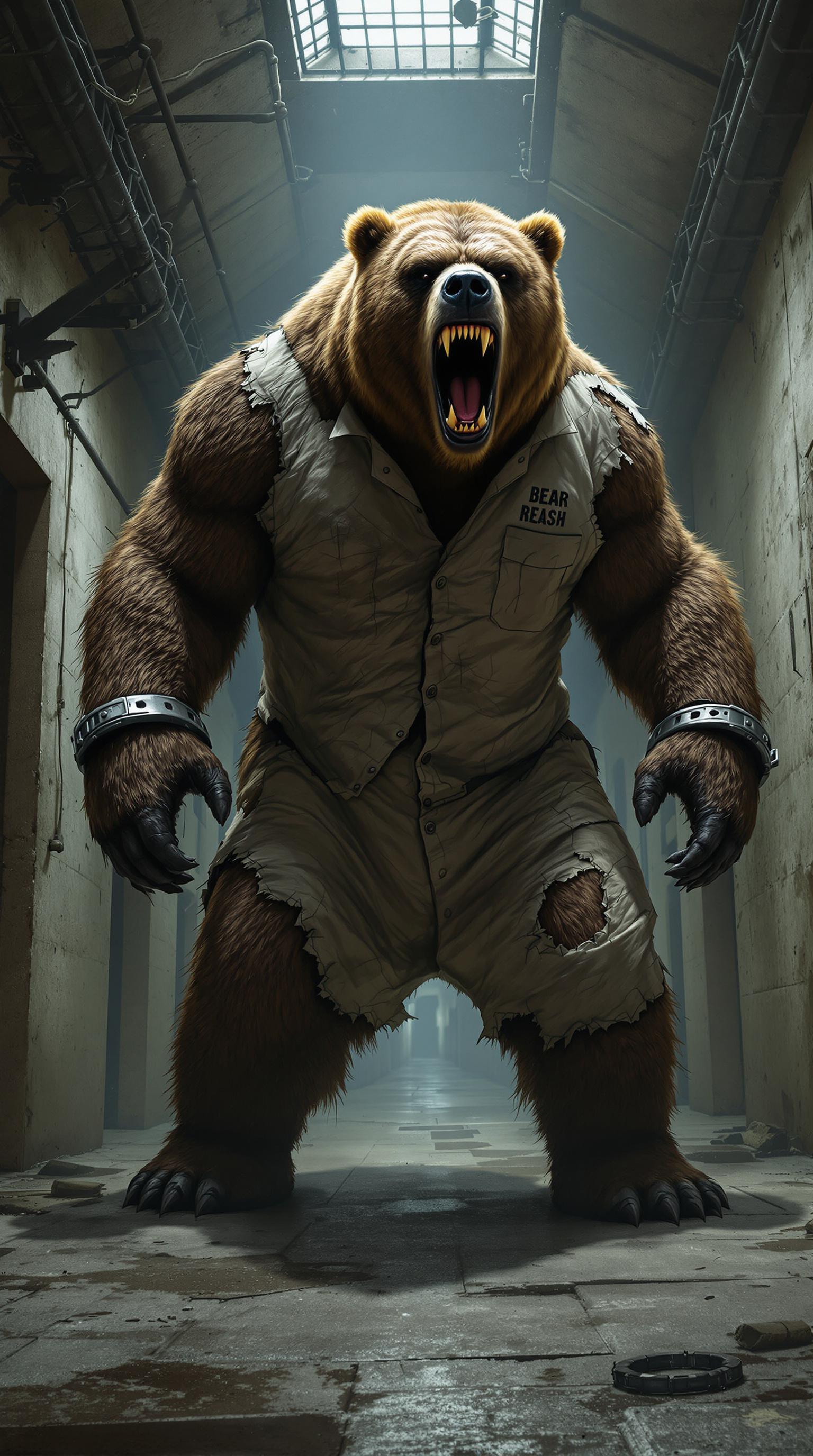 FLUX prompt: A colossal, battle-scarred grizzly bear stan...
