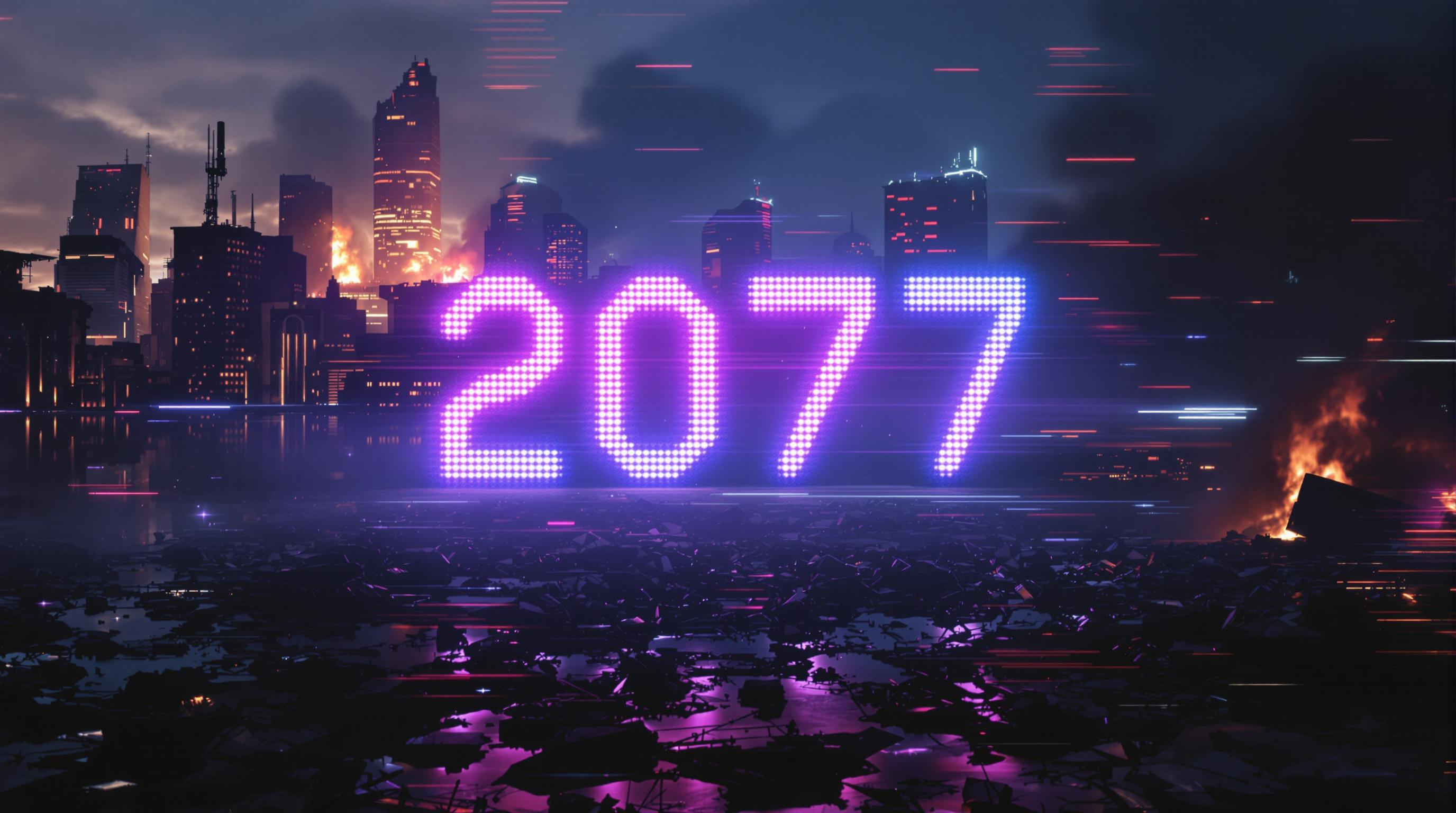 FLUX prompt: Glitching neon countdown '2077' over dystopi...