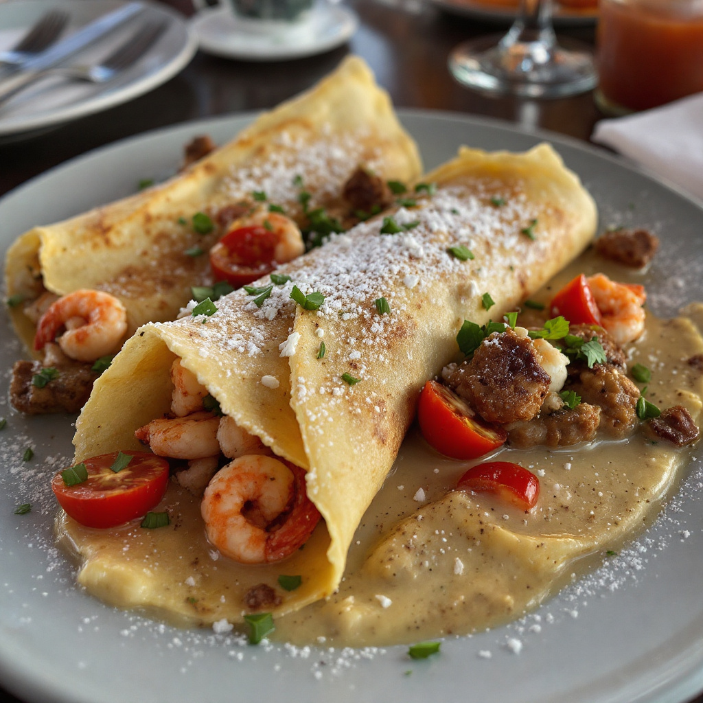 FLUX prompt: shrimp and goat cheese crepes, vegetarian op...
