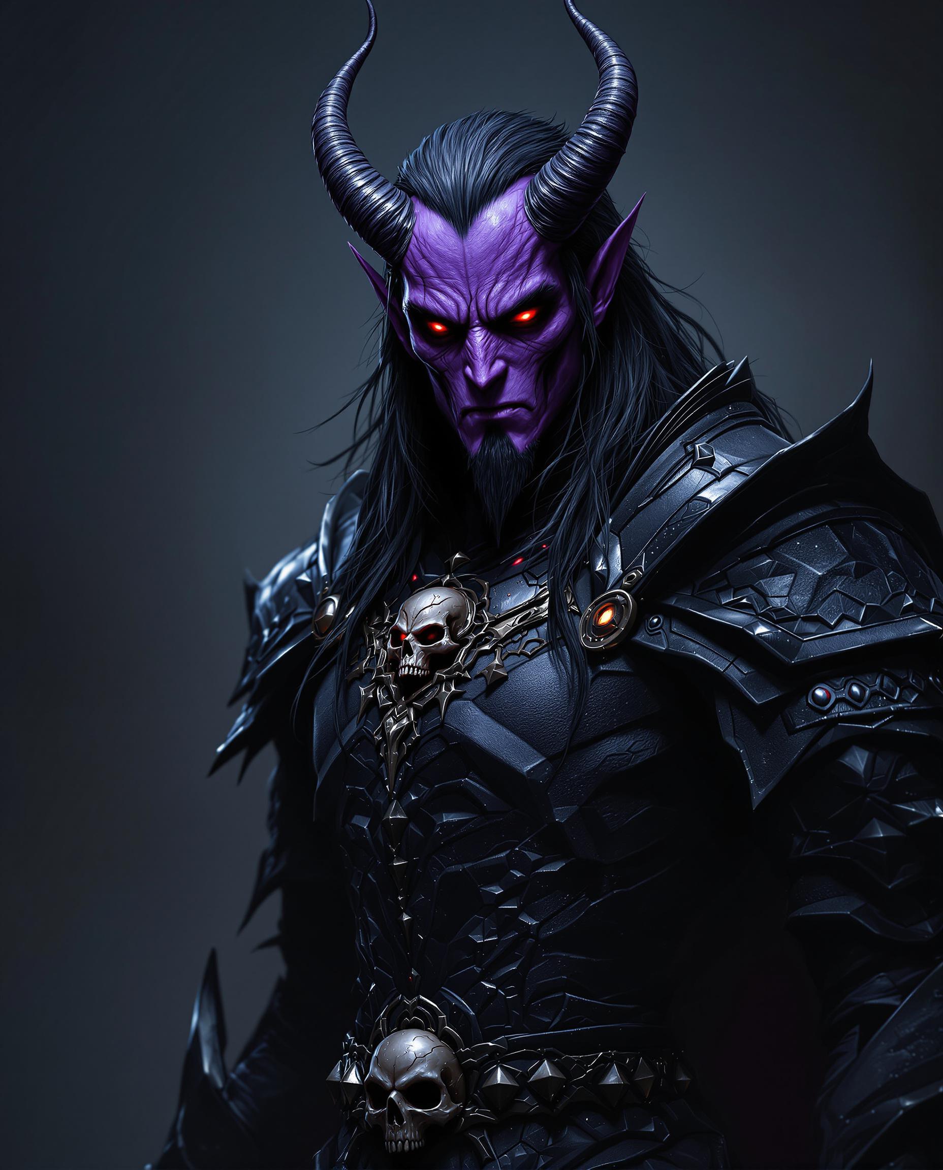 FLUX prompt: A Male purplish-skinned demon,piercing red e...