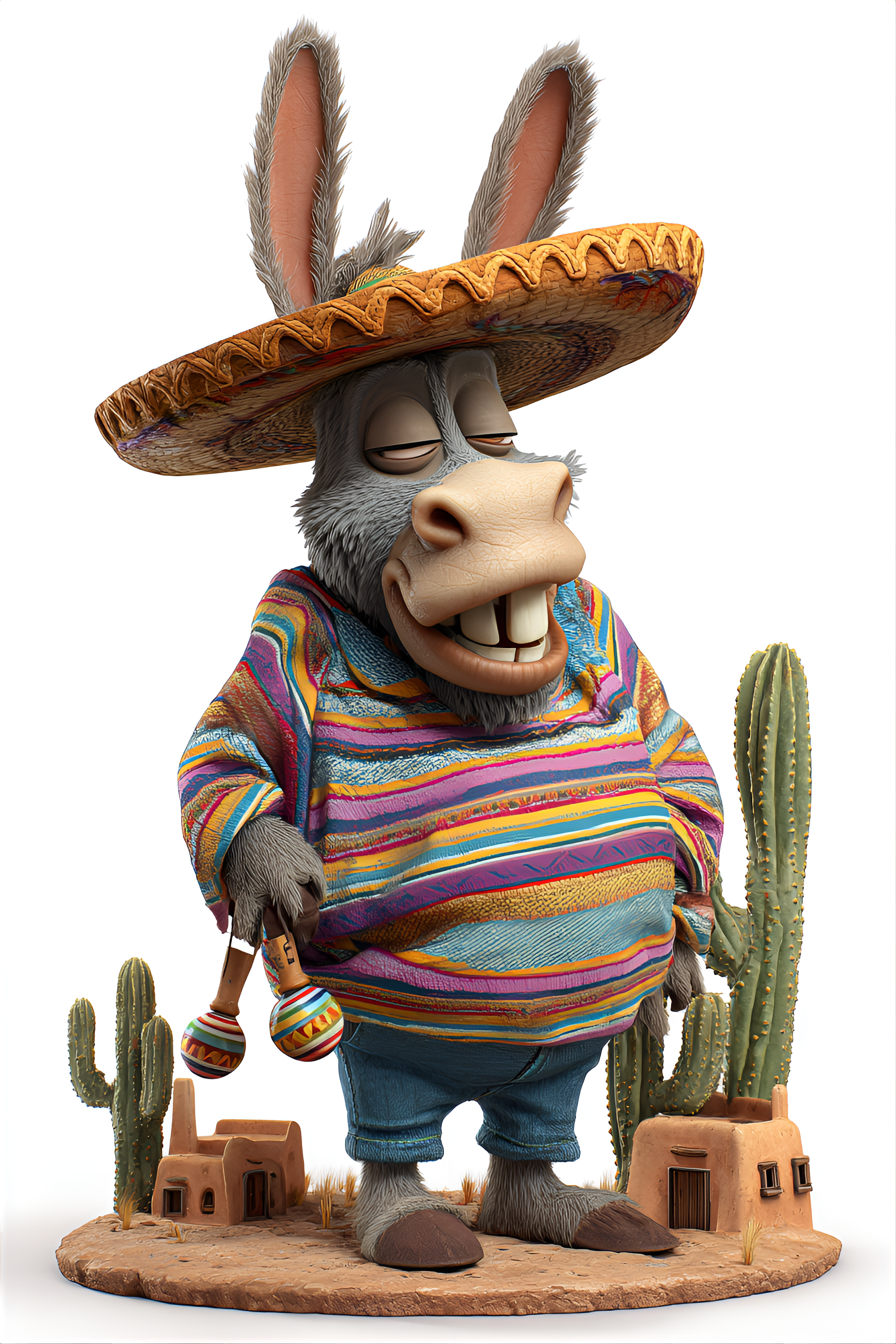 Midjourney prompt: funny caricature, goofy donkey charact...