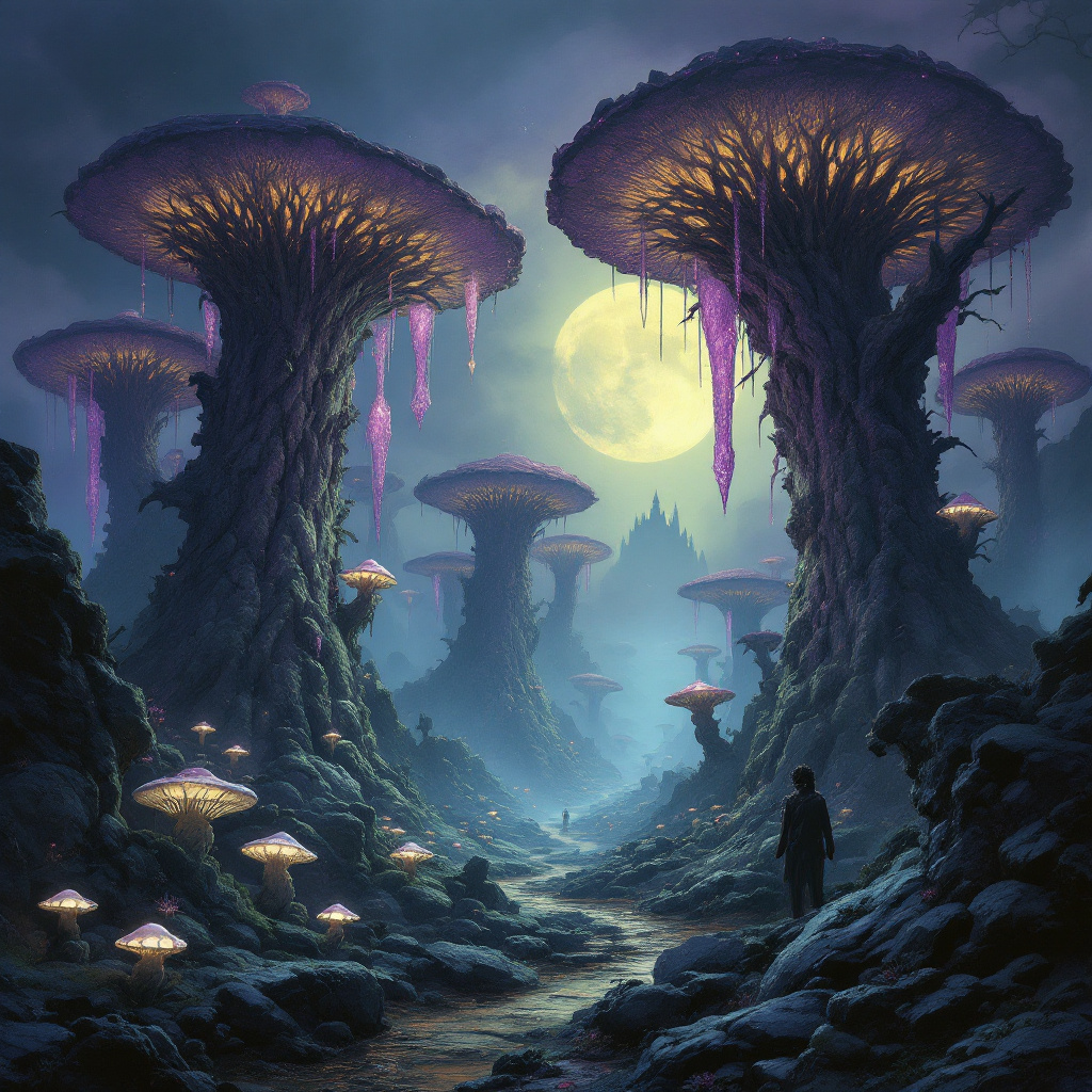 FLUX prompt: Fantasy petrified forest, stone trees resemb...