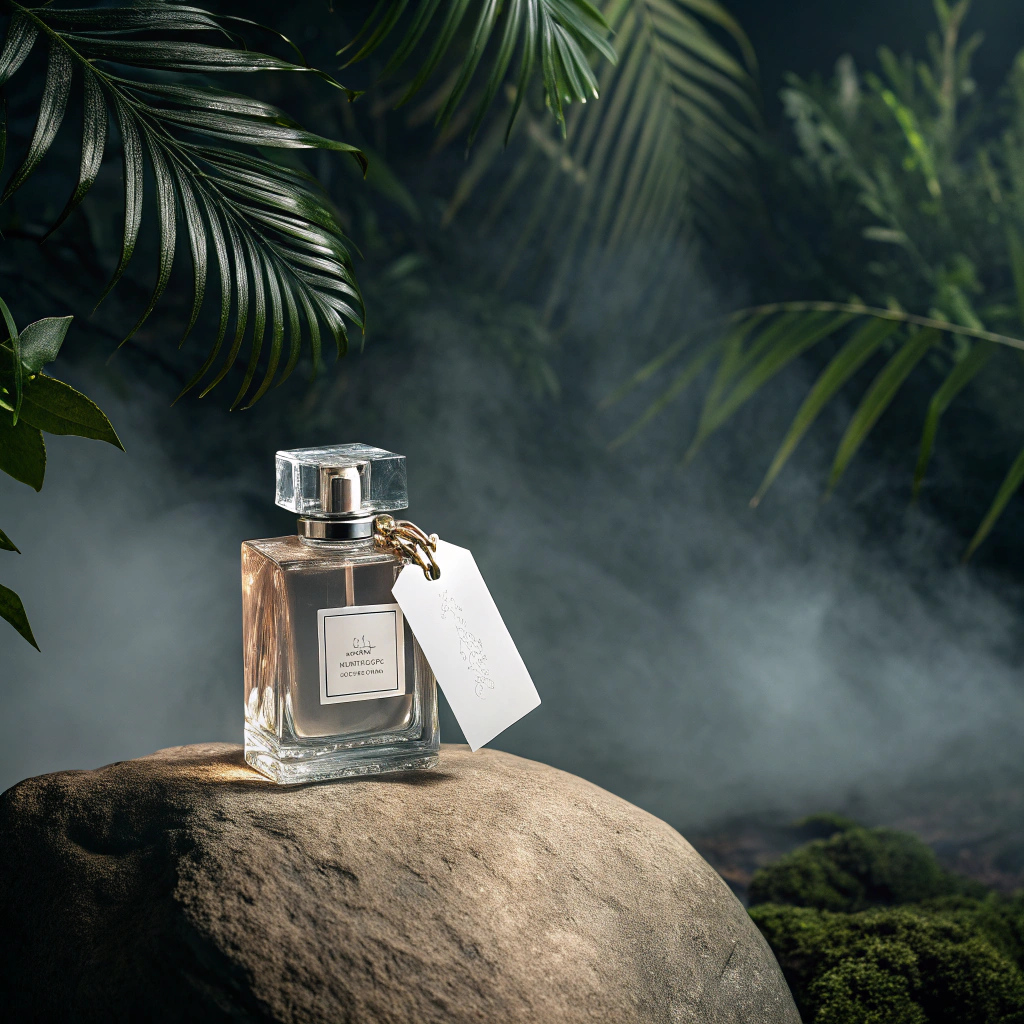 Recraft prompt: Luxury perfume bottle on a rock with an e...