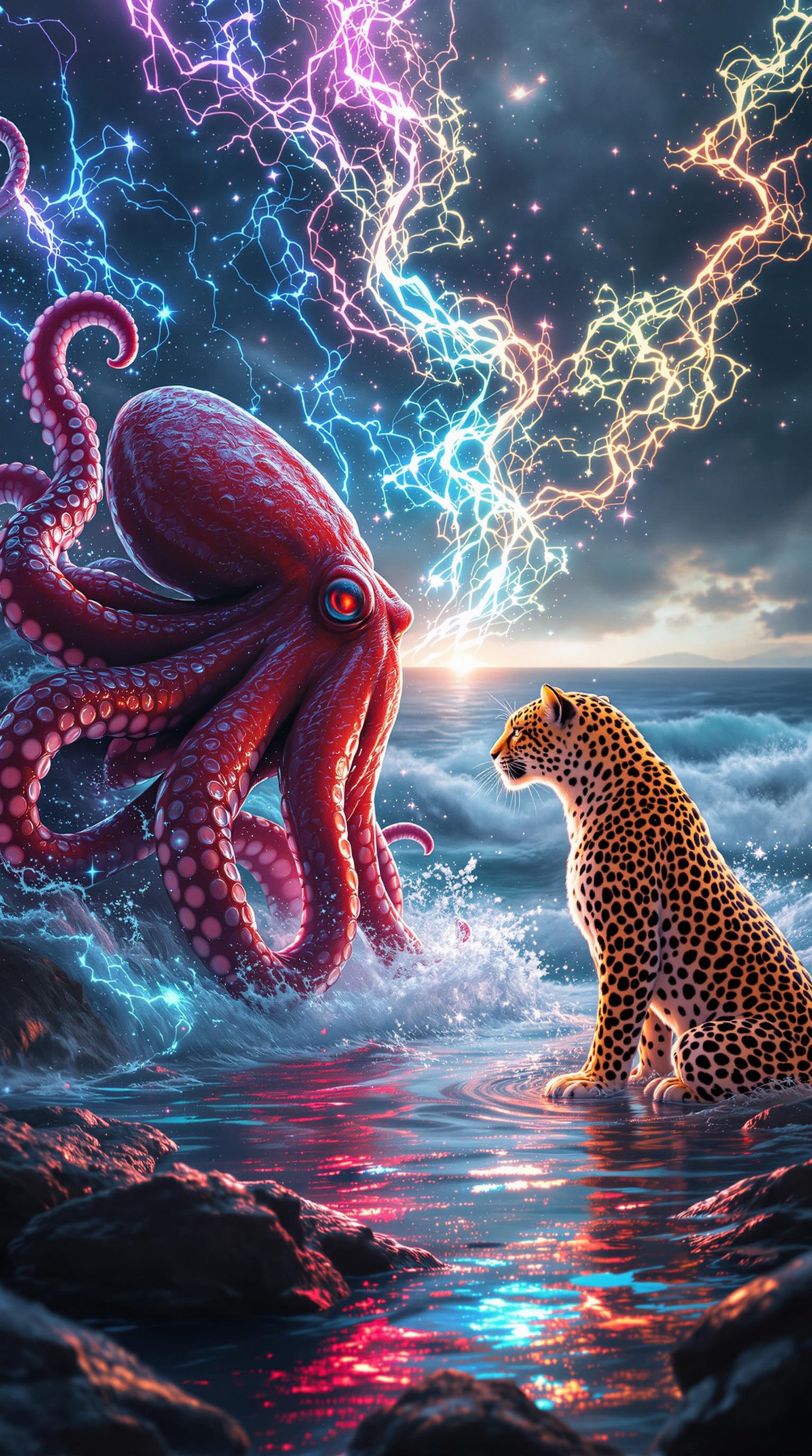 FLUX prompt: A vivid, hyper-detailed image of a red octop...