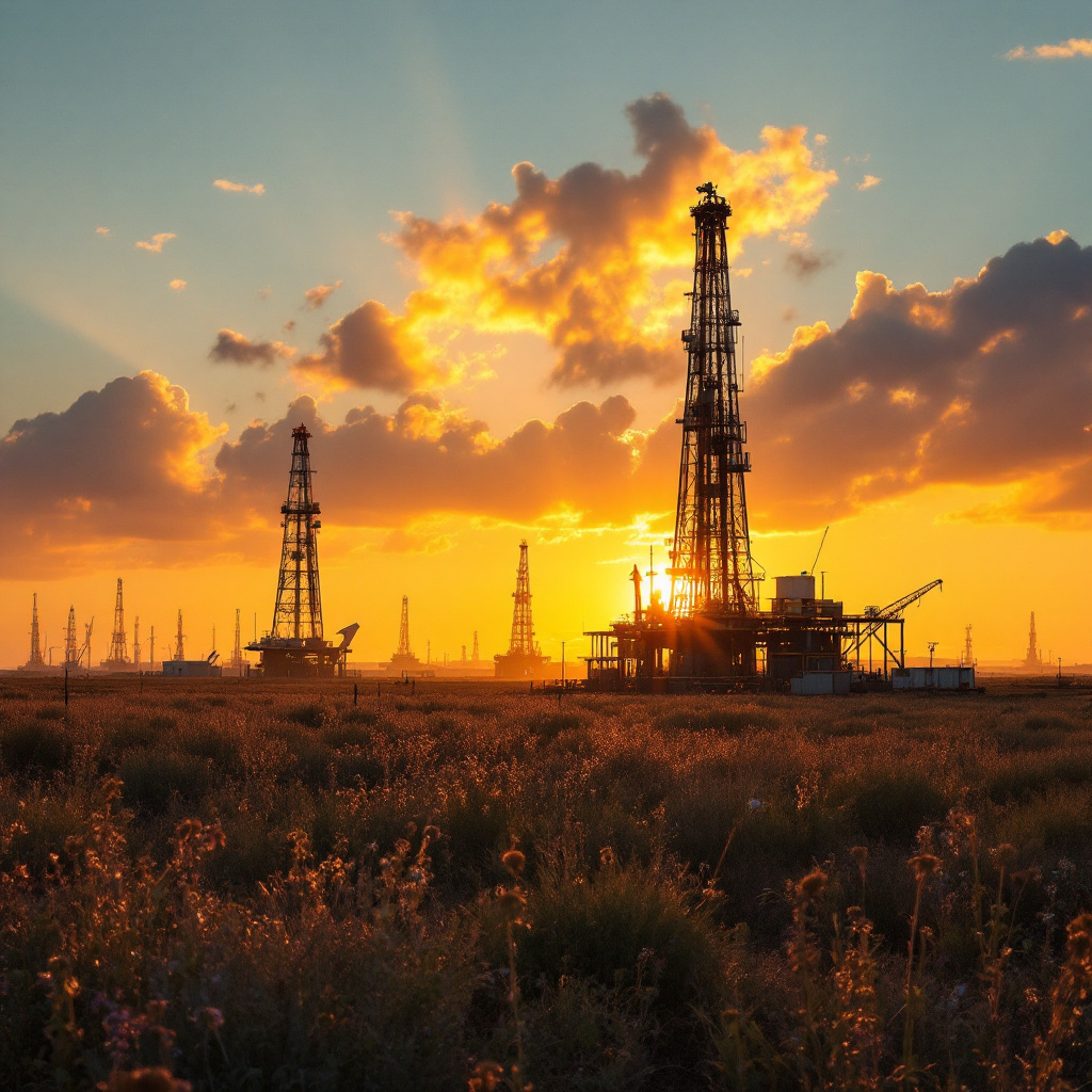 FLUX prompt: land oil rigs, golden hour