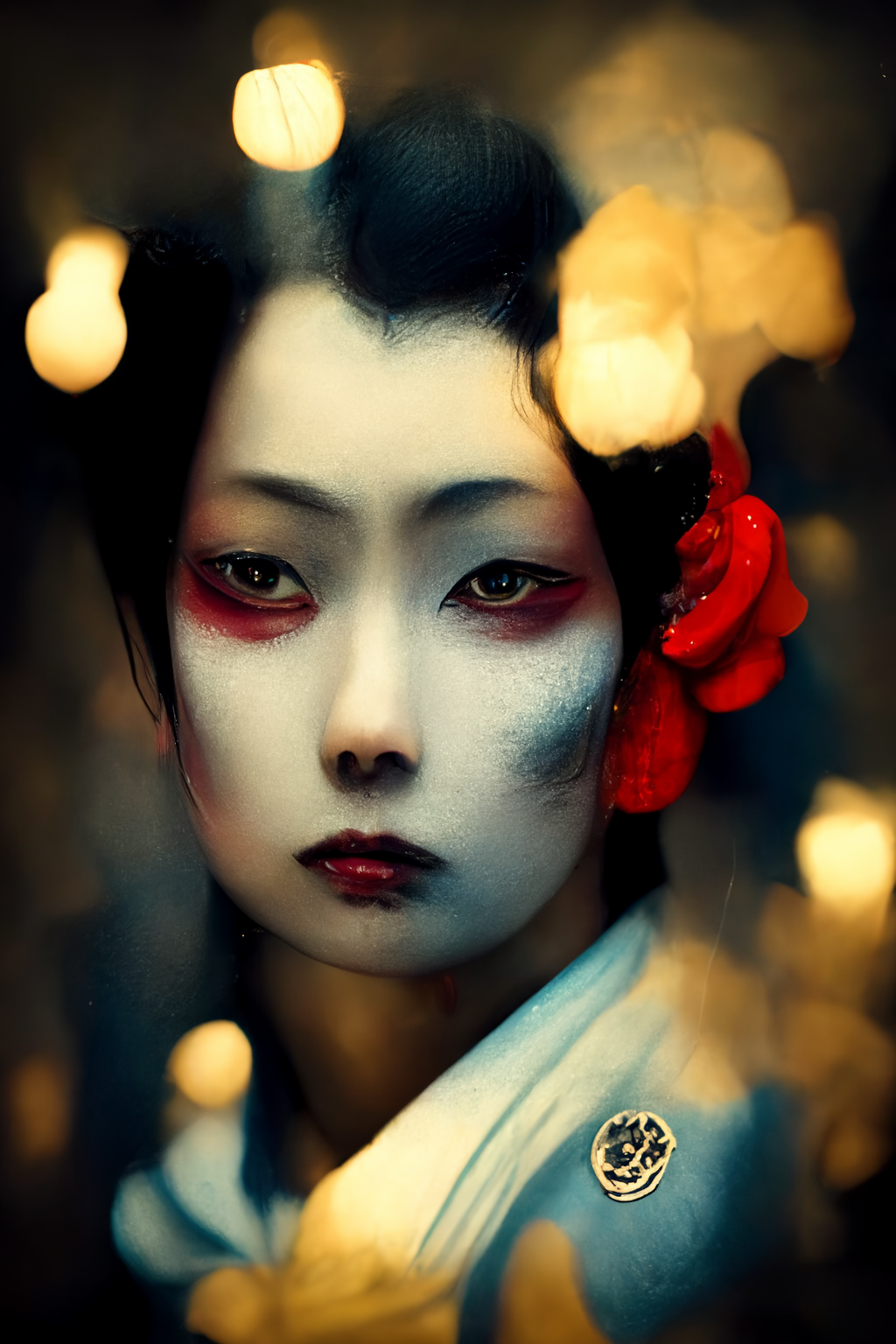 Midjourney prompt: beautiful sad Japanese Geisha , intric...