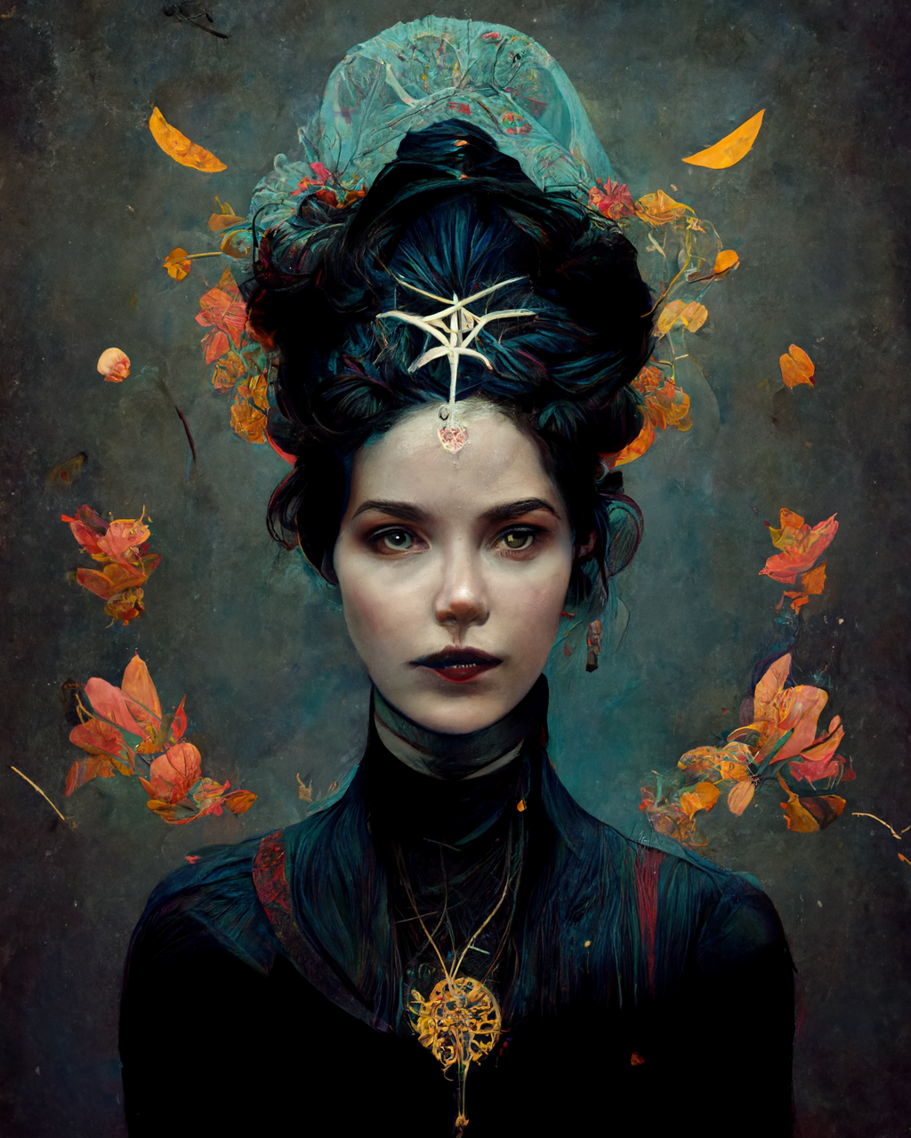 Midjourney prompt: portrait of a beautiful solarpunk witc...