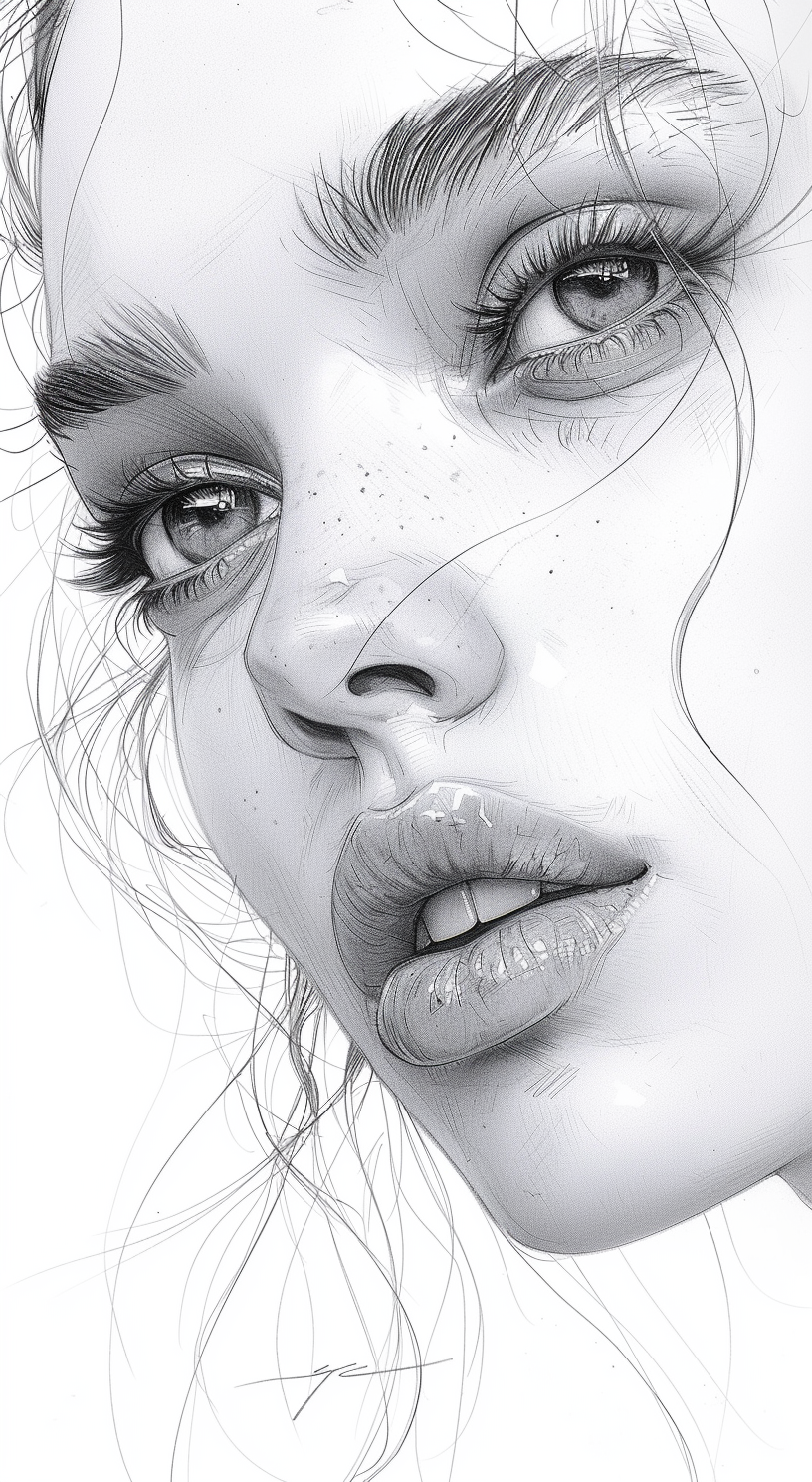 Midjourney prompt: sketch of a woman's face, expressive l...