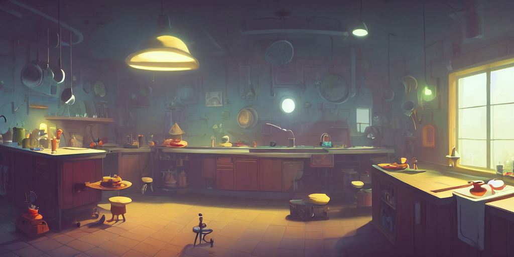 Stable Diffusion prompt: cute solitary kitchen dim lit by...