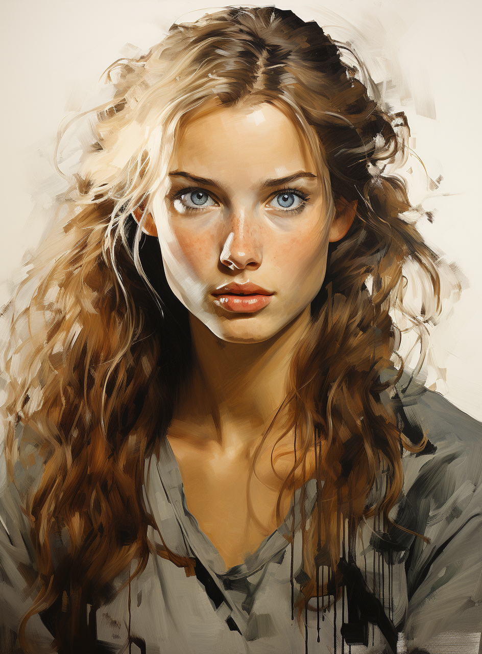 Midjourney prompt: the model has long hair and blue eyes,...