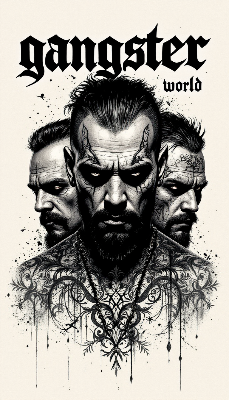 FLUX prompt: Poster design,3 Mexican gangsters,face and body ta...