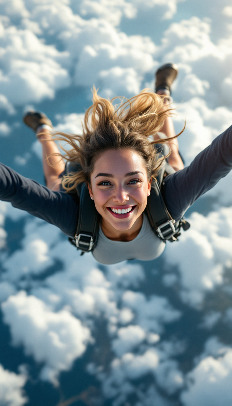 FLUX prompt: Go back female parachutist, jumping from pl...