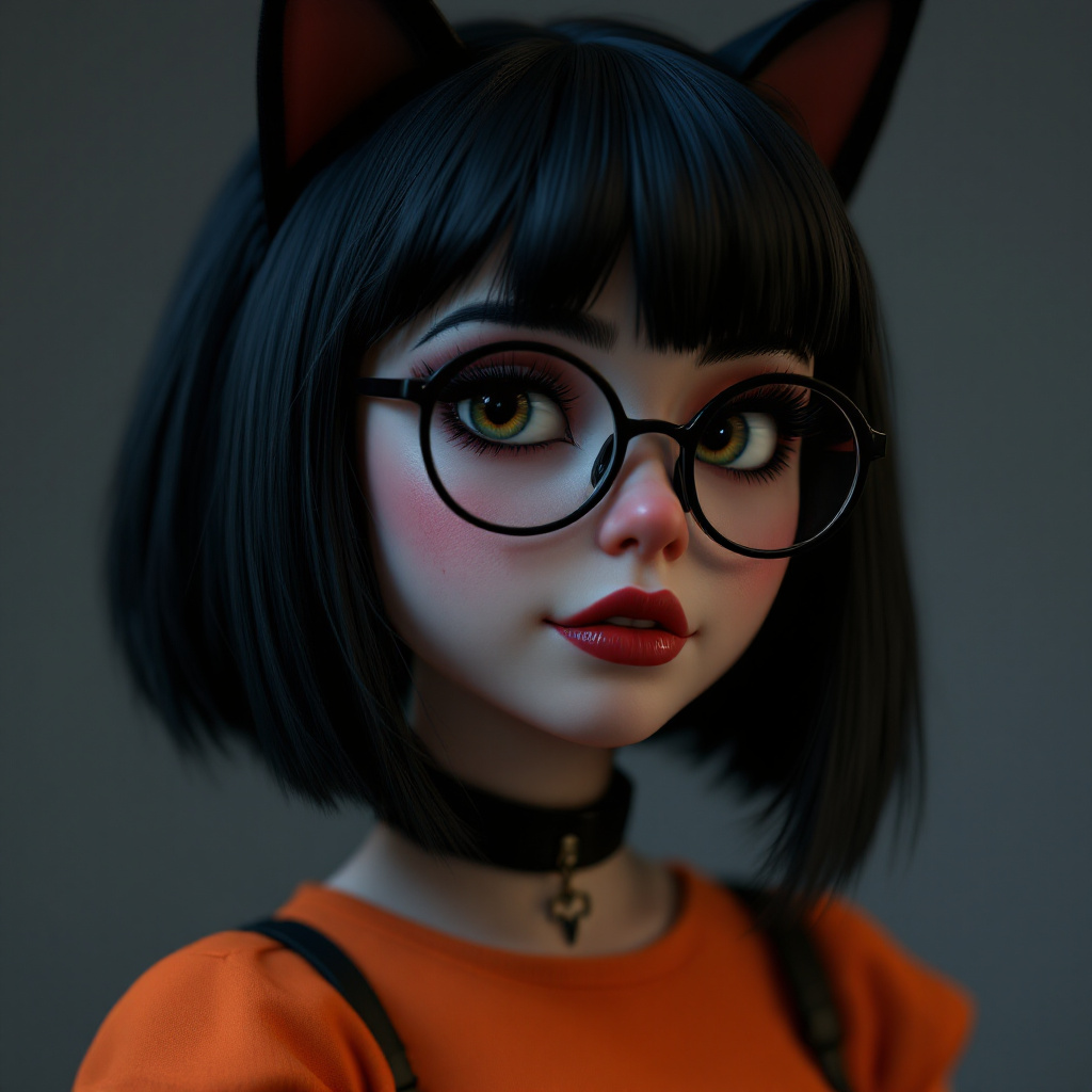 FLUX prompt: a 3d cartoon goth girl aesthetic, velma from...