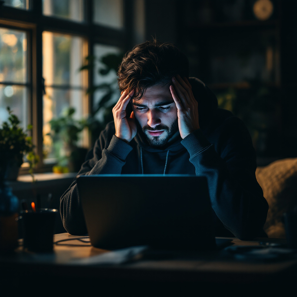 FLUX prompt: A devastated Tech Bro who sat behind his lap...