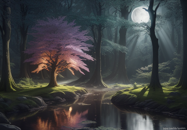 DreamShaper prompt: Two trees ultra hd Sunbeam and moonli...