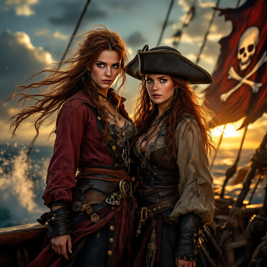 FLUX prompt: Anne Bonny and Mary Read, standing together ...
