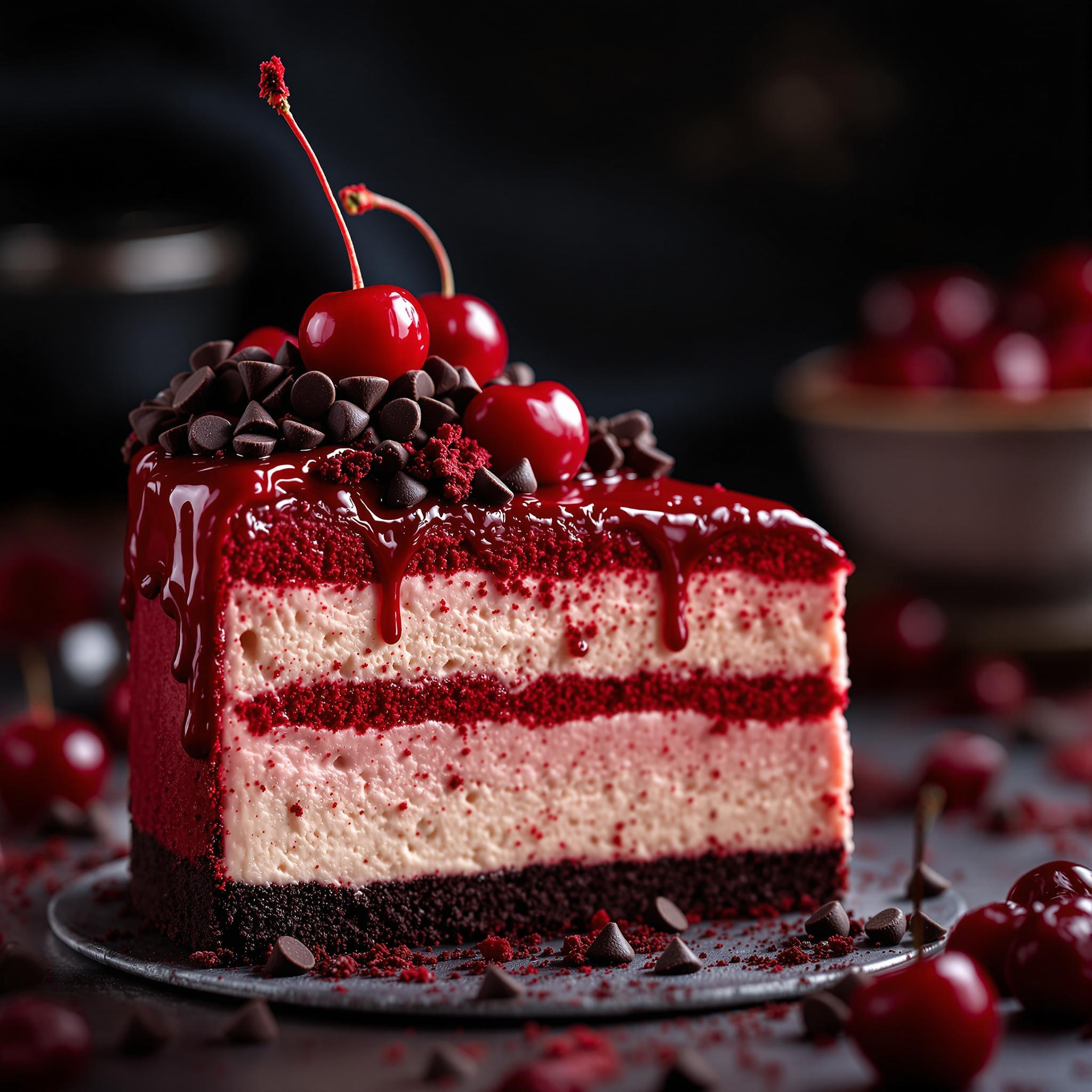 FLUX prompt: A luxurious, triple-layer red velvet cheesec...