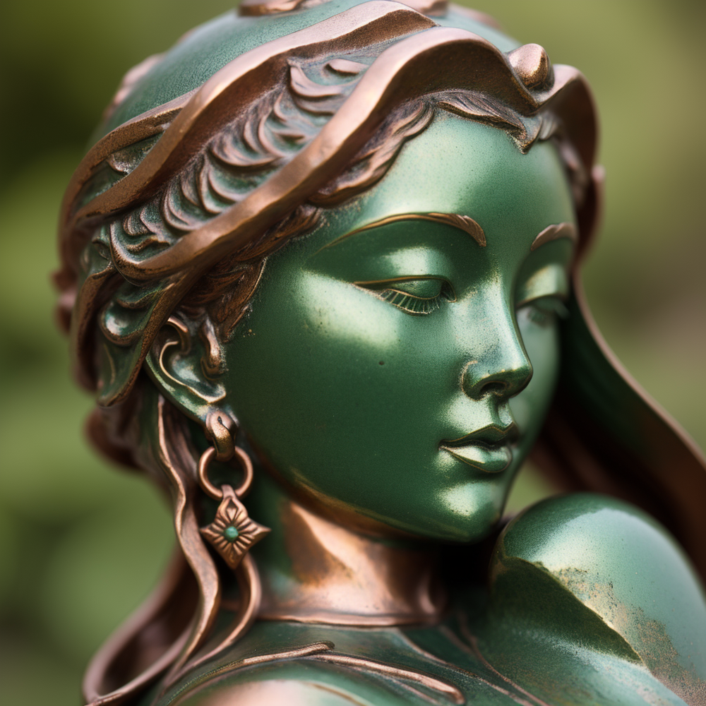 Deliberate prompt: copper sun princess statue,deep green ...