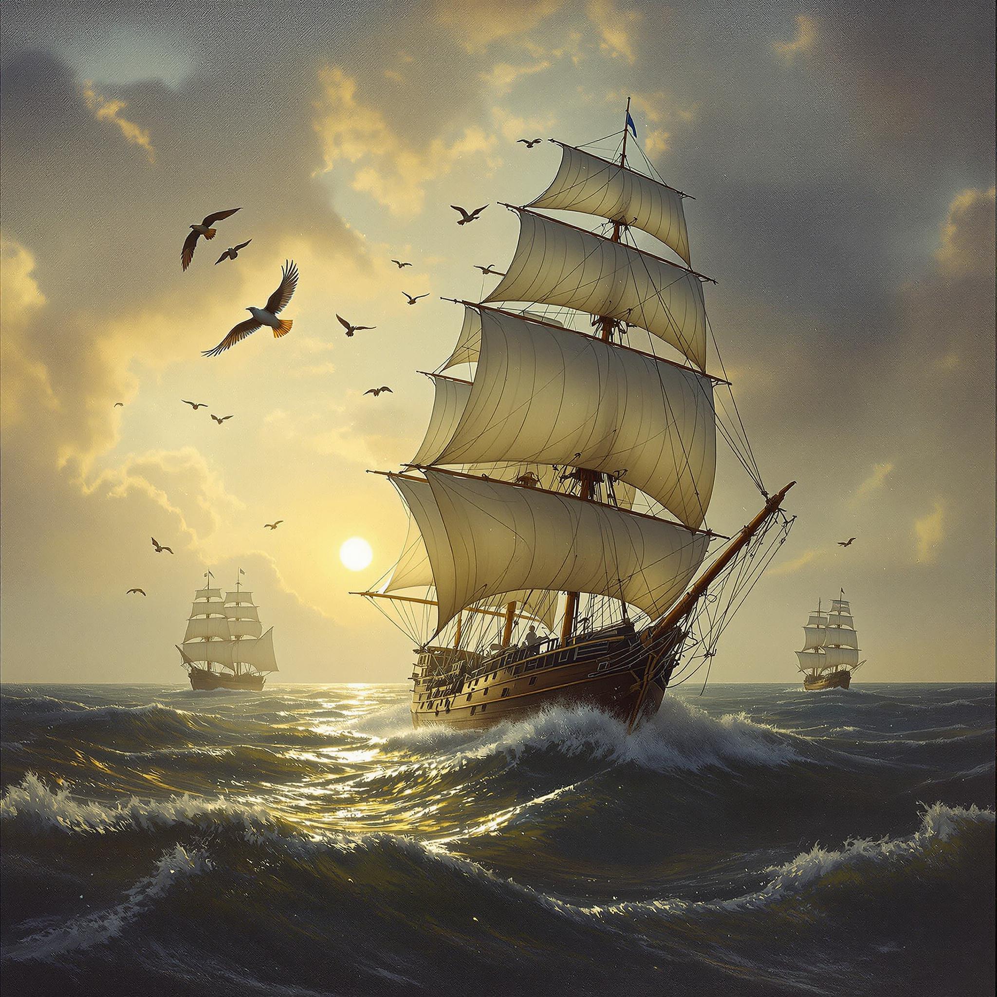 FLUX prompt: Oil painting of an ultra-realistic schooner,...