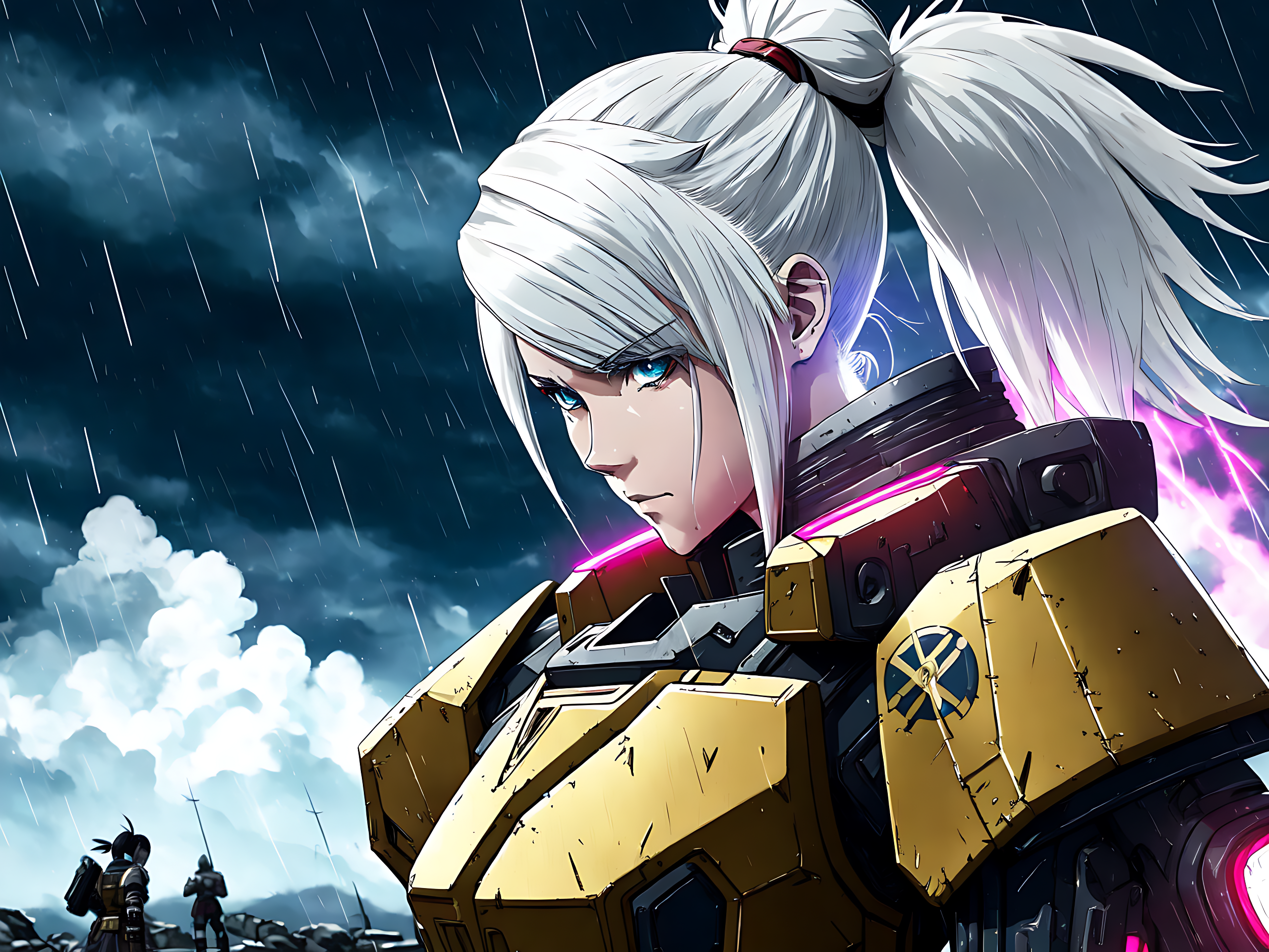 Stable Diffusion prompt: girl wearing gundam armor, battl...
