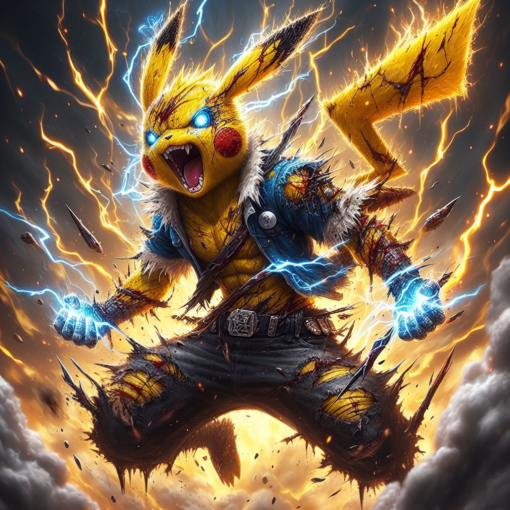 DALL·E prompt: Badass Pikachu, beast, fighting at war, in...