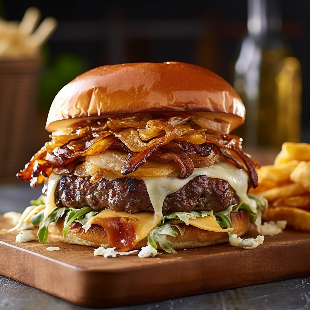 Midjourney prompt: Create the ultimate burger experience ...