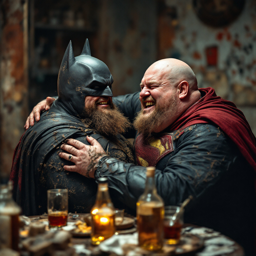 FLUX prompt: photography, medium shot of a batman and sup...