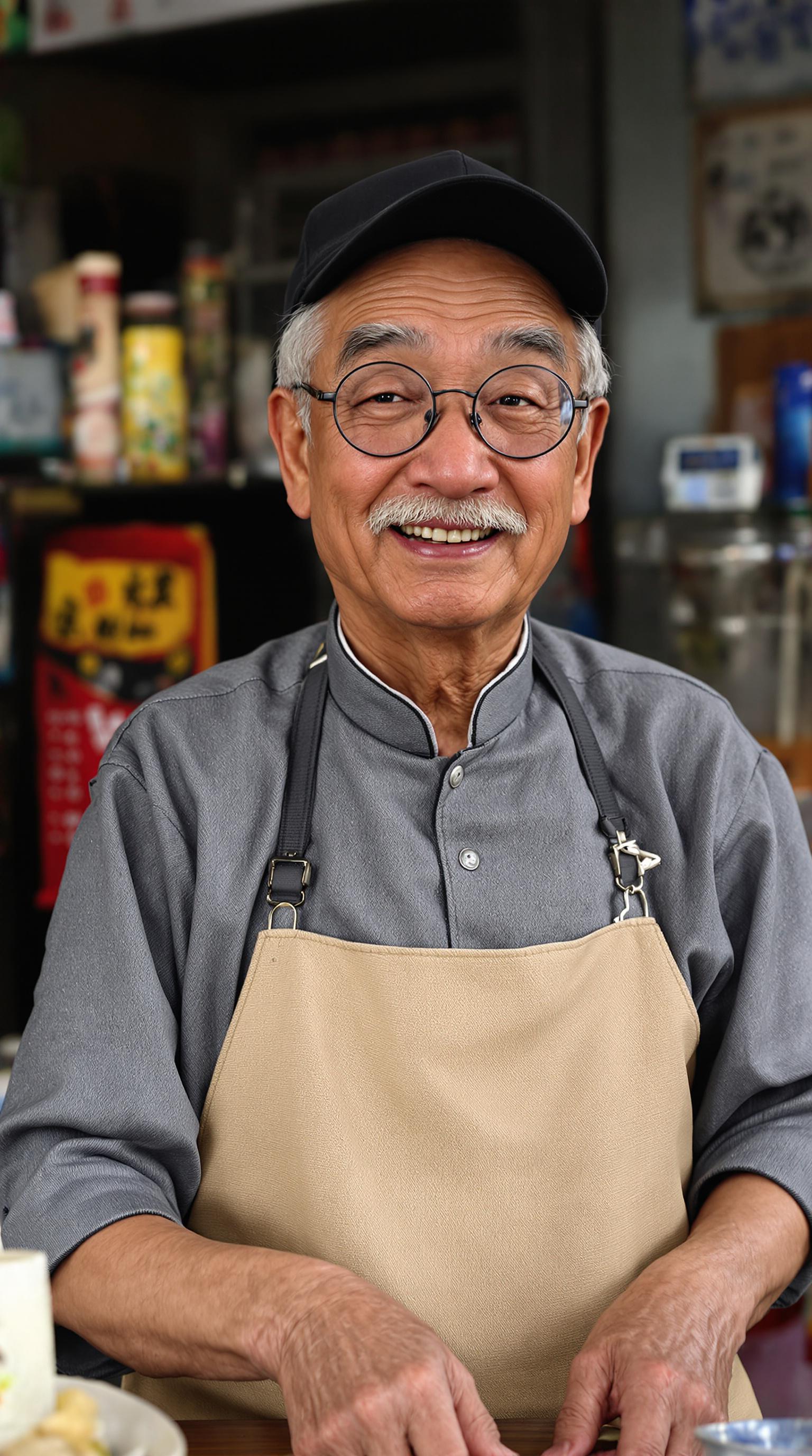 FLUX prompt: Elderly Chinese noodle shop owner in his 70s...