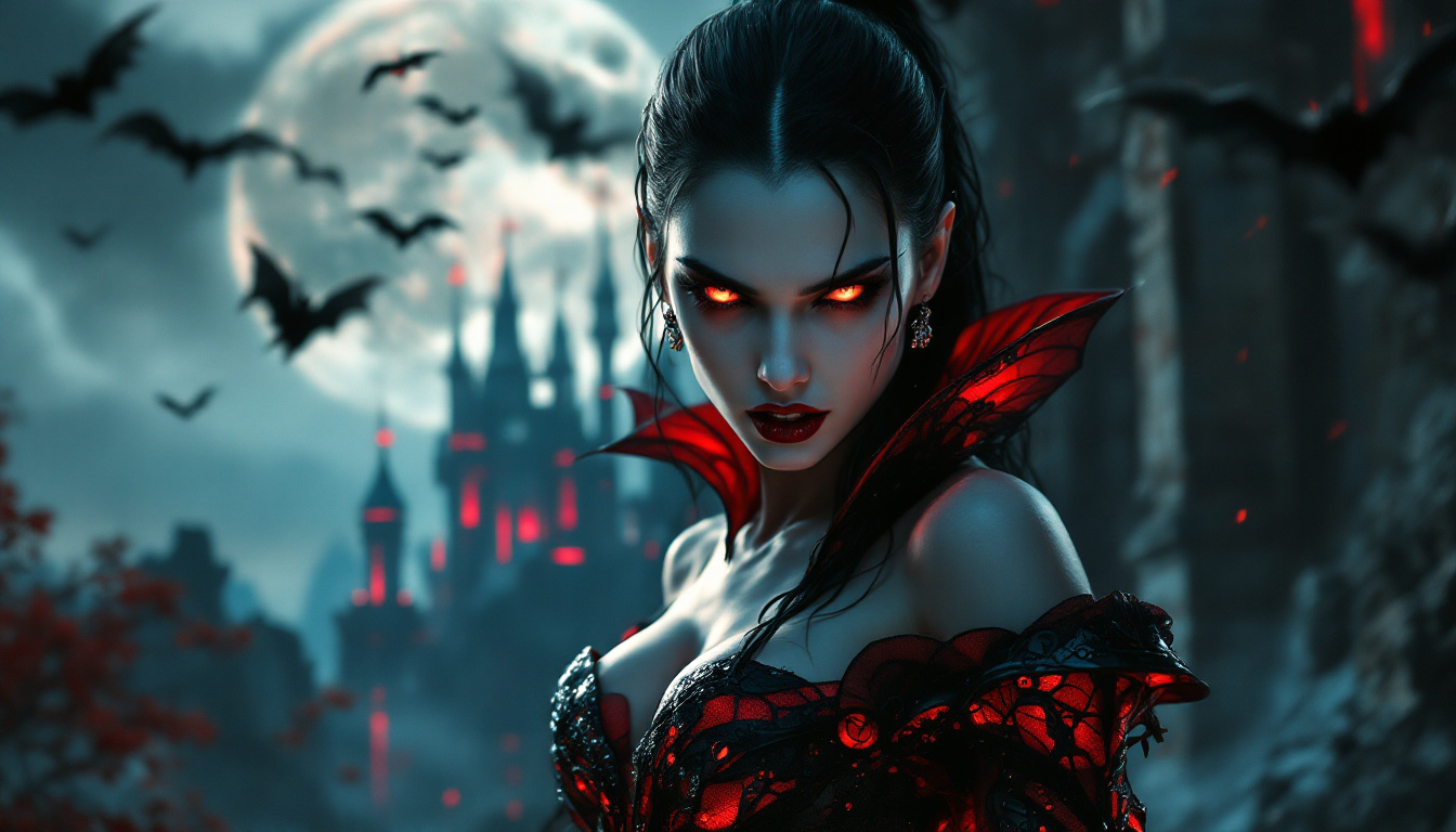 FLUX prompt: A beautiful vampire resembling Countess Drac...