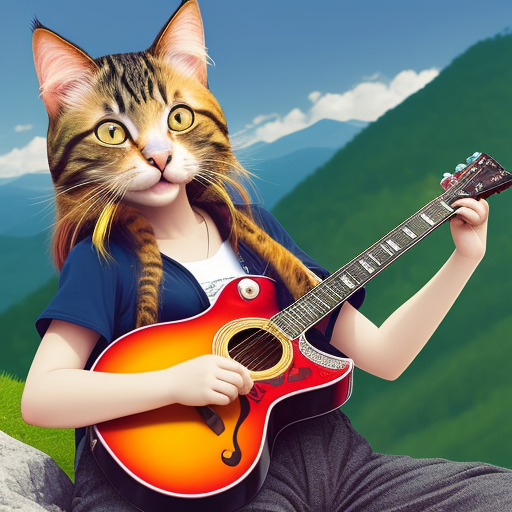 DreamShaper prompt: happy cat playing guitar on mountain ...