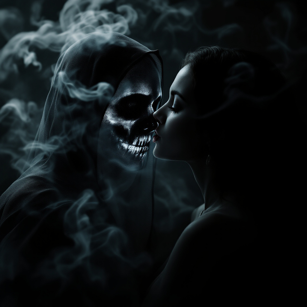 FLUX prompt: image of a lady kissing a ghostly shrouded m...