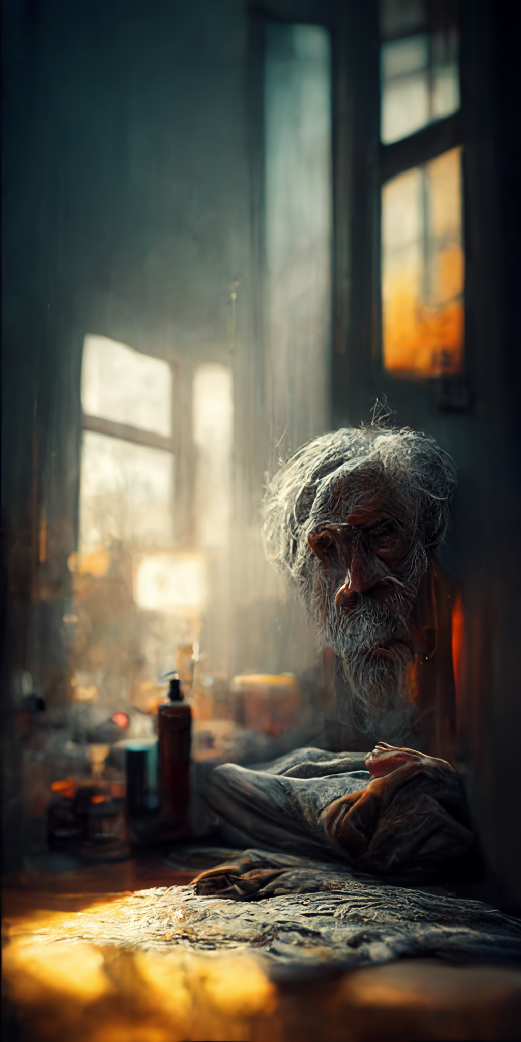 Midjourney prompt: Setting a dark, dim lit room, setting ...