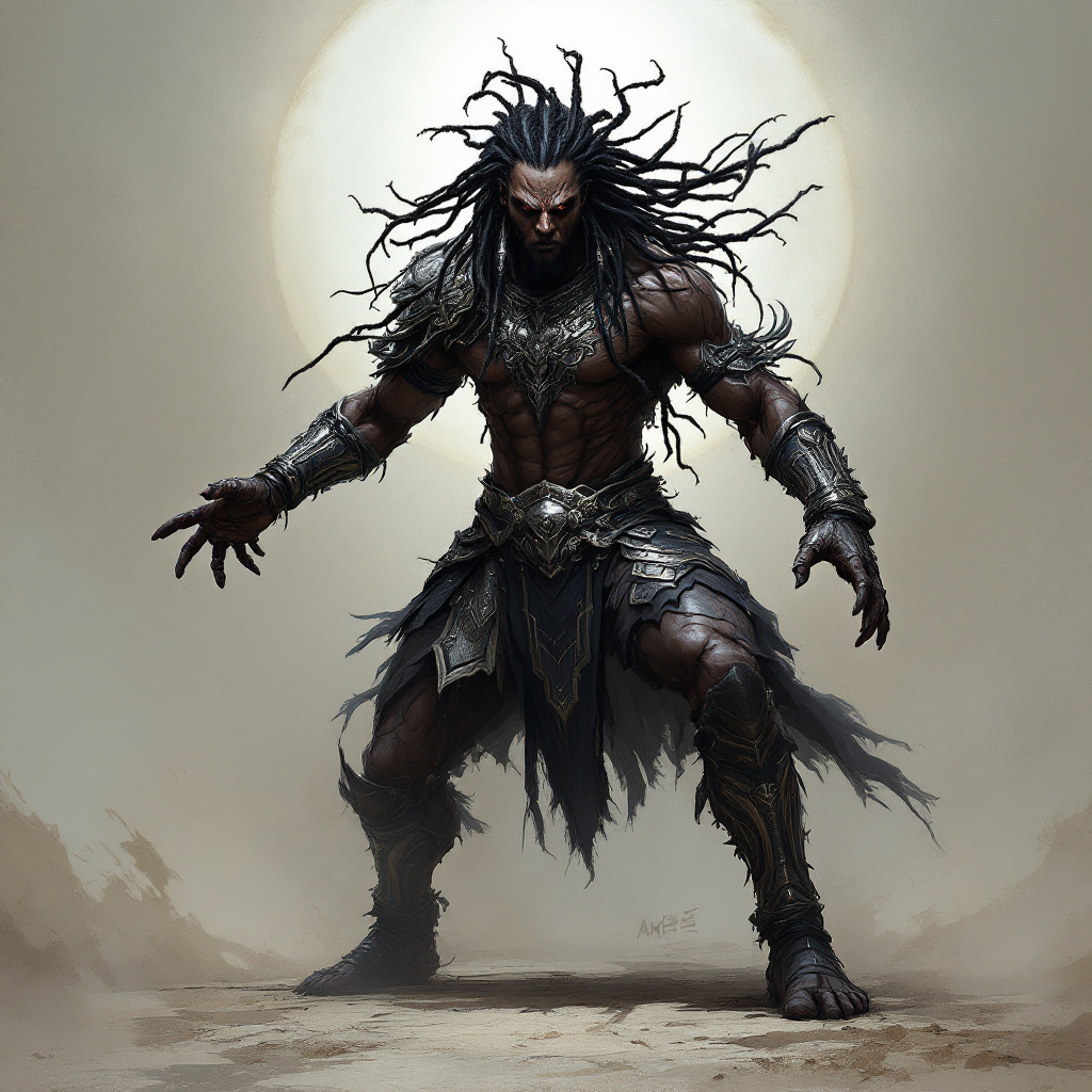 FLUX prompt: concept art male African warrior, (auras wra...