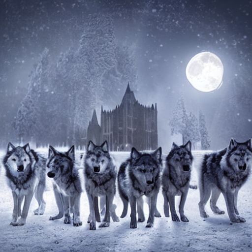Stable Diffusion prompt: Pack of wolves by night, in fron...