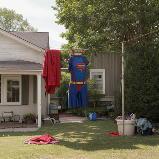 epiCRealism prompt: clothes of superman hanging on a dryi...