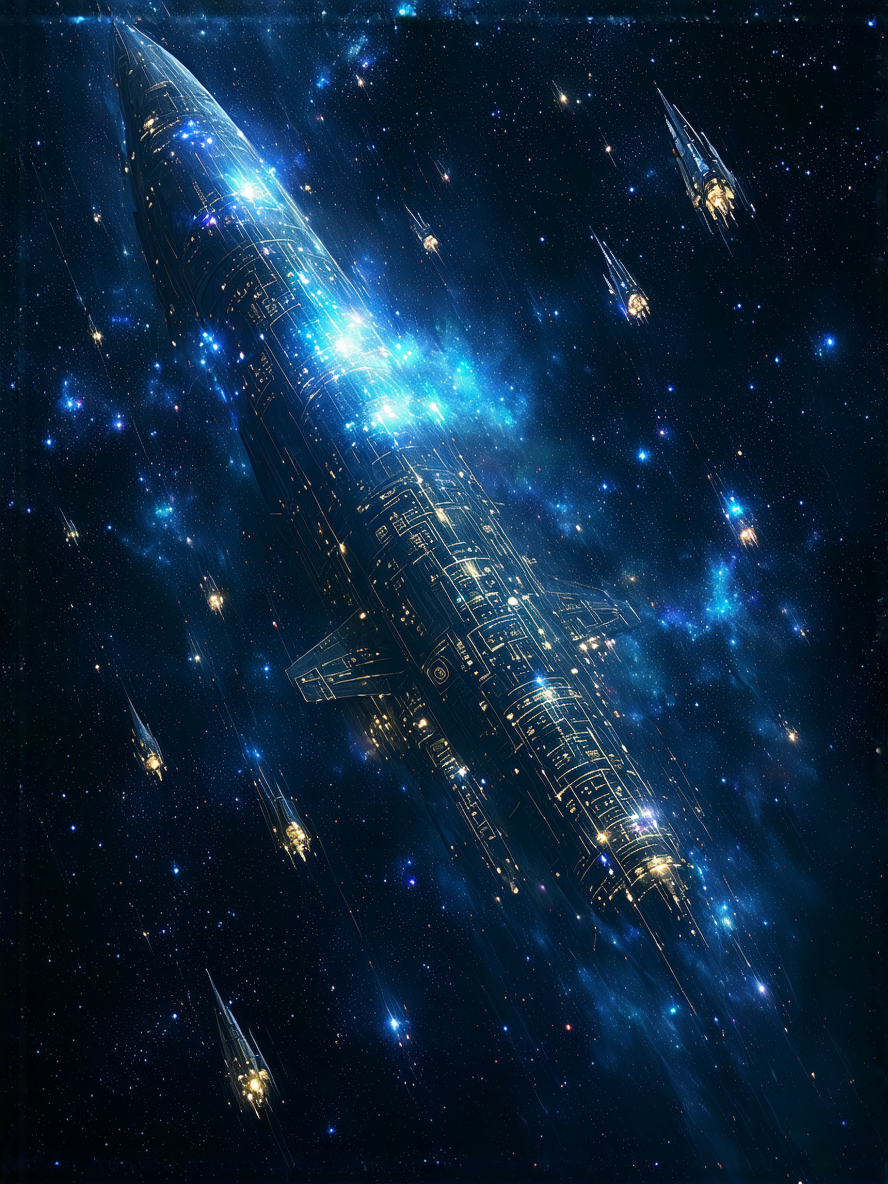 Stable Diffusion prompt: A colossal interstellar fleet gl...