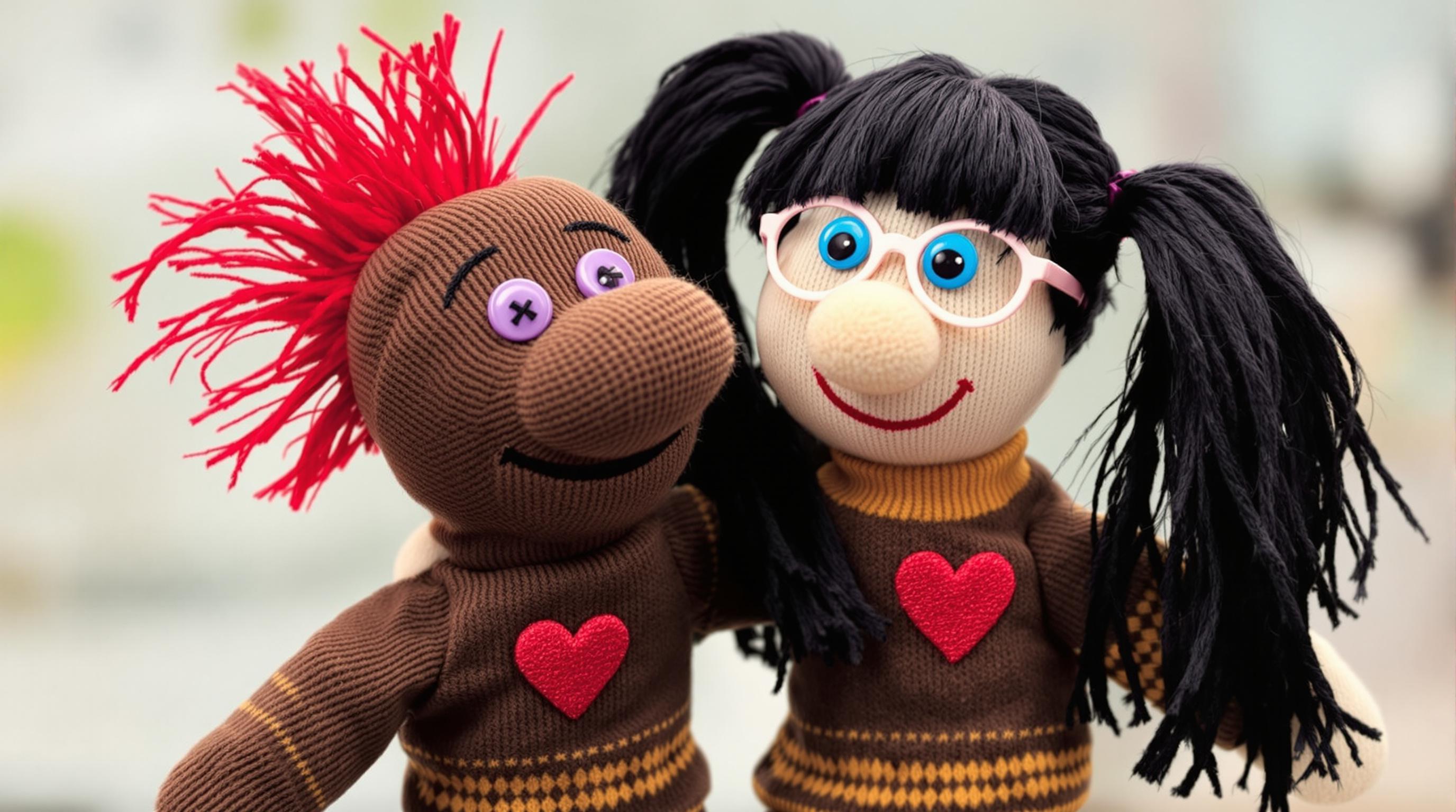 FLUX prompt: image shows two adorable sock puppets. Both ...