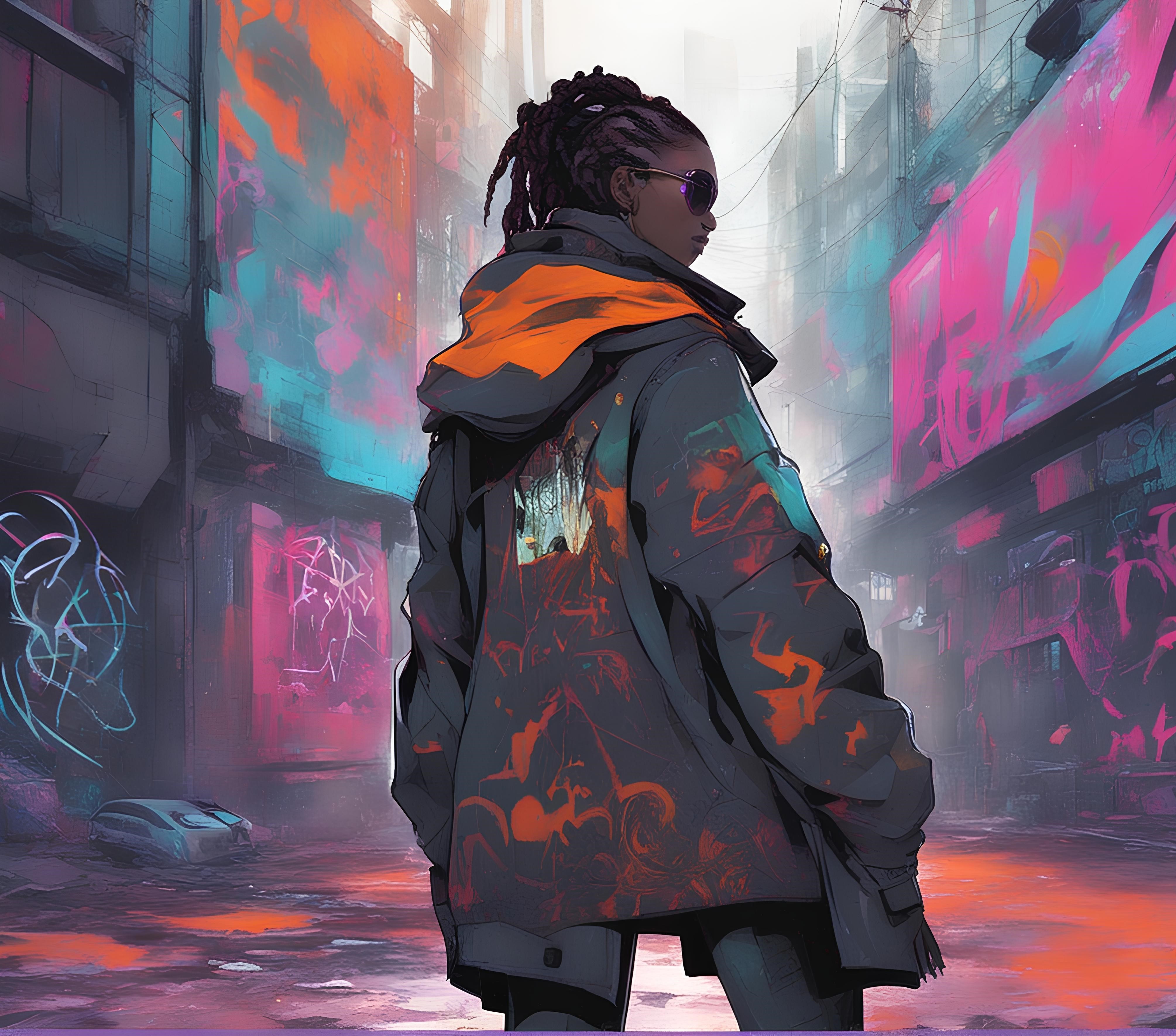 DreamShaper prompt: a person standing in front of a graff...