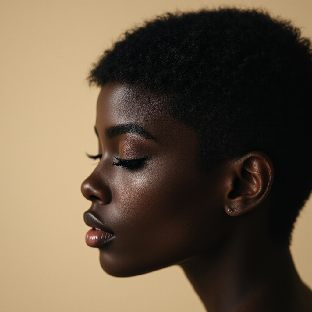 FLUX prompt: hair photography, black woman, pixie cut hai...