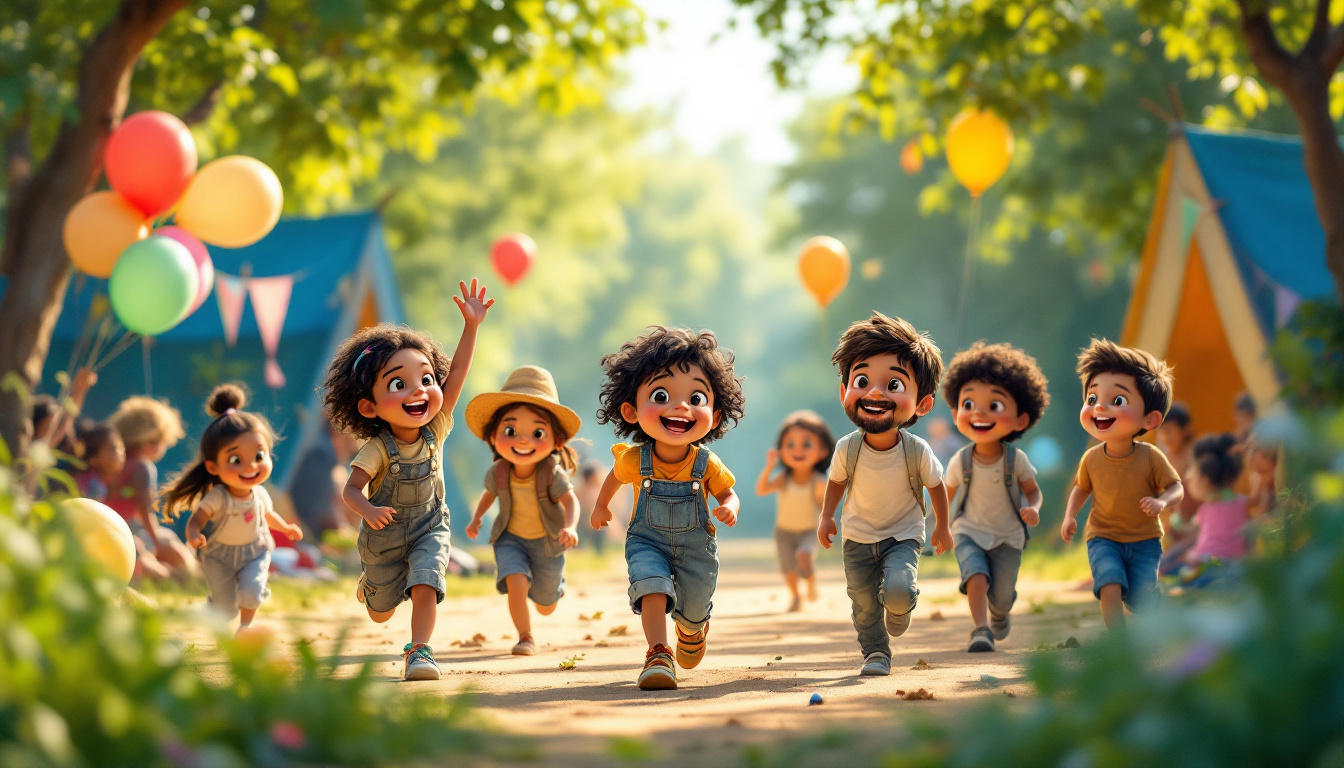 FLUX prompt: "A lively summer camp scene featuring happy ...